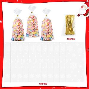 FOPINOA Snowflake Cellophane Bags, 120PCS Clear Christmas Treat Bags Snowflake Goodie Bags with 150 Twist Ties for Christmas Party Supplies