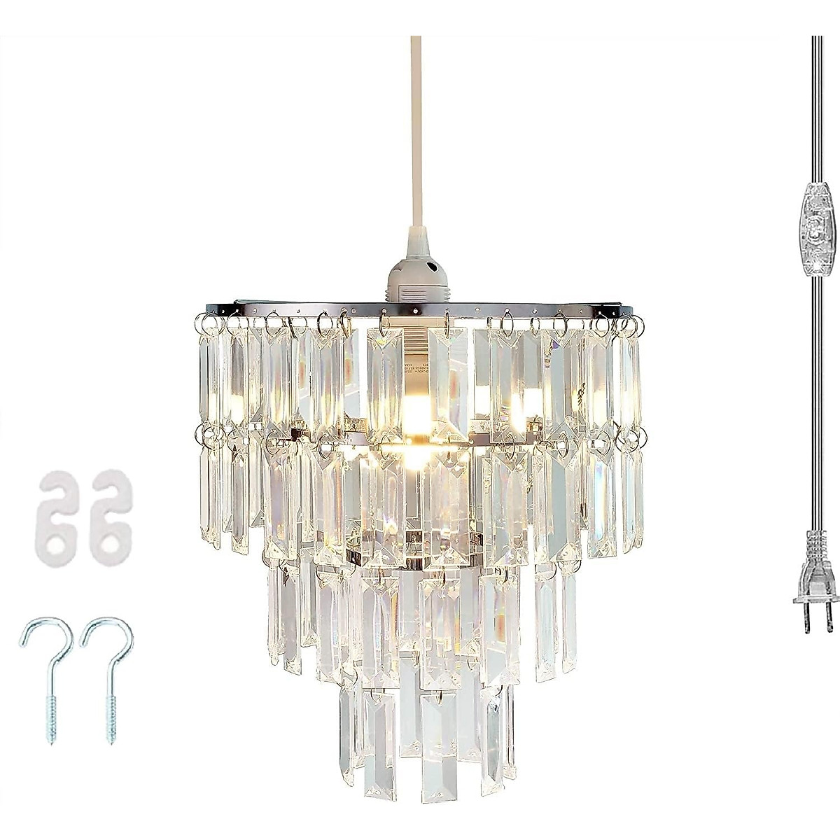 FlavorThings Plug in Modern Chandelier Faux Crystal Light Fixture Pendant,W10.25 X H11.5,with ON/Off Switch and 16.4ft Clear Hanging Cord for Bedroom Dining Room and More(1 Light Plug-in, Crystal)