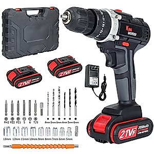 Cordless Drill Driver Kit with 2 battery, King Showden 21V Power Drill 50Nm 25+3 Clutch, 3/8" Keyless Chuck, Variable Speed & Built-in LED Electric Screw Driver for Drilling Wall, Bricks, Wood, Metal