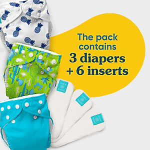 Charlie Banana Baby Washable and Reusable Cloth Diapers, 3 Soft Pocket Diapers and 6 Absorbent Inserts, One-Size, Marguarita