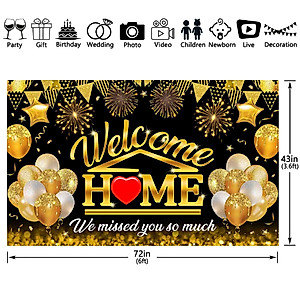 Swepuck 72x43inch Fabric Welcome Home Photography Backdrop Black Gold Family Reunion Background We Missed You So Much Party Decorations Banner Photo Shoot Props