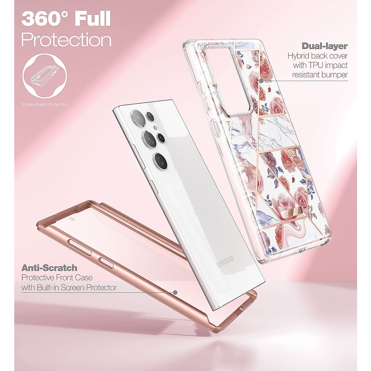 SURITCH for Samsung Galaxy S23 Ultra Case, [Built-in Screen Protector] [Dual-Layer Protection ] Full Protection Shockproof Rugged Bumper Phone Cover for Samsung S23 Ultra 6.8 Inch - Rose Marble