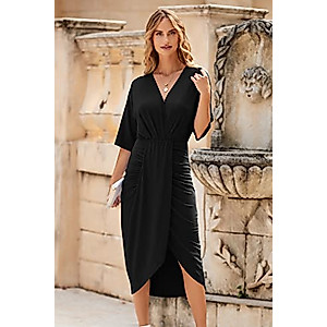 PRETTYGARDEN Women's 2023 Summer Ruched Bodycon Dress Short Sleeve Twist Front V Neck Split Wrap Midi Dresses (Black,Large)