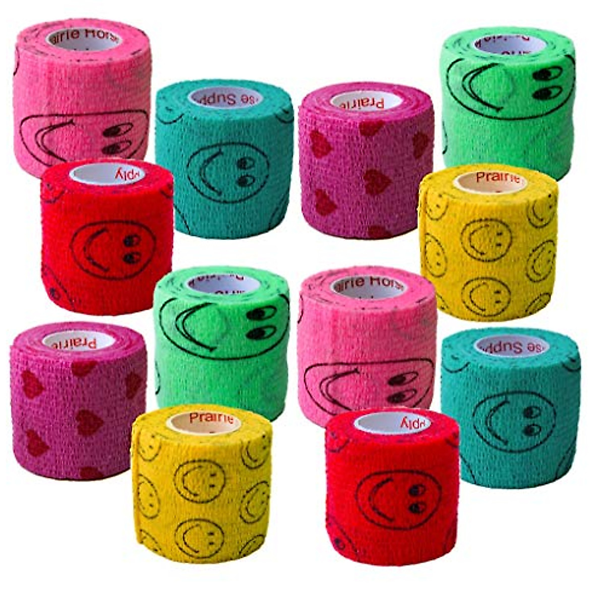 Prairie Horse Supply 2 Inch Vet Wrap Tape Bulk (Assorted Patterns) (Pack of 12) Self Adhesive Adherent Adhering Flex Bandage Grip Roll Dog Cat