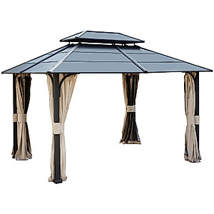 EROMMY 10'x12' Metal Gazebo, Outdoor Double Roof with Anti-Rust Coating Frames, Permanent Hardtop Canopy Gazebos with Netting and Curtains for Patio, Backyard, Deck,Lawns, and Poolside