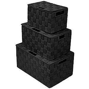 Sorbus Foldable Storage Cube Woven Basket Bin Set - Built-In Carry Handles - Great for Home Organization, Nursery, Playroom, Closet, Dorm, etc (Lid Bins - 3 Pack, Black)