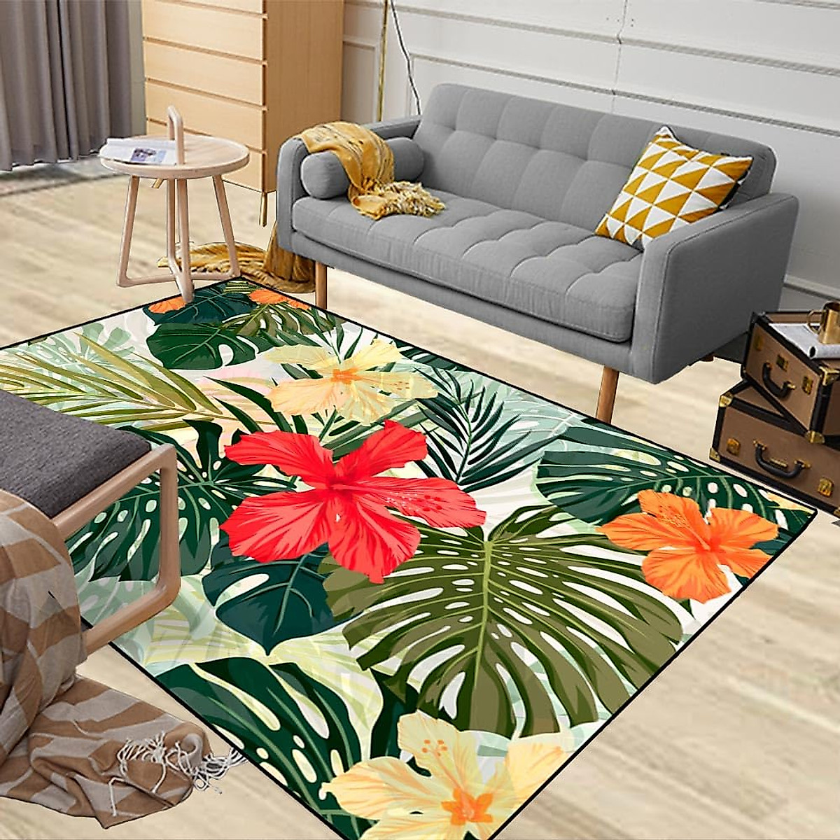 Gesmatic Play Area Rug, Small Area Rug(2X3) Summer Colorful Hawaiian Pattern Tropical Plants Hibiscus Flowers Oriental Area Rug, Suitable for Living Room, Kitchen, Outdoor