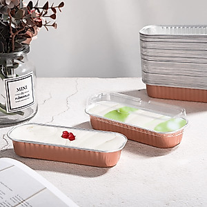 EUSOAR Disposable Aluminum Ramekins, 25pcs 6.8oz 6.5"x2.5"x1.2" Foil Baking Cups Pan with Lids，Rectangle Cupcake Containers Wrappers, Dessert Cheesecake Creme Brulee Ramekins Pan-Rose Gold