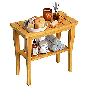 oridom Bamboo Shower Bench Stool with Storage Shelf, Waterproof Shower Chair Spa Bath Seat, Shower Stool for Inside Shower, Bathroom Bench Seat for Adults Elderly Seniors for Indoor or Outdoor Use