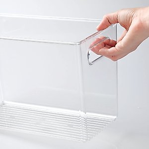 mDesign Plastic Storage Box – Narrow Open-Top Fridge Organiser Tray with Handle – Can Be Used as Fridge Tray, Shelf Box or for Cupboard Storage – Pack of 2 — Clear