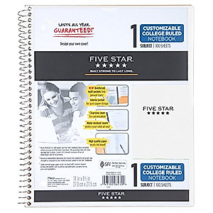 Five Star Spiral Notebook, 1 Subject, College Ruled Paper, 100 Sheets, 11" x 8-1/2" Sheet Size, Customizable Cover, Color Selected For You, 1 Count (08230)