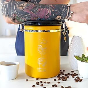 CafetastiQ 38oz / 22oz Coffee Canister – Airtight Stainless Steel Storage Container with Date Tracker & Scoop, Sealed Jar for Grounds, Beans, Tea, Flour, Cereal, and Sugar (Yellow Morning, 38OZ)
