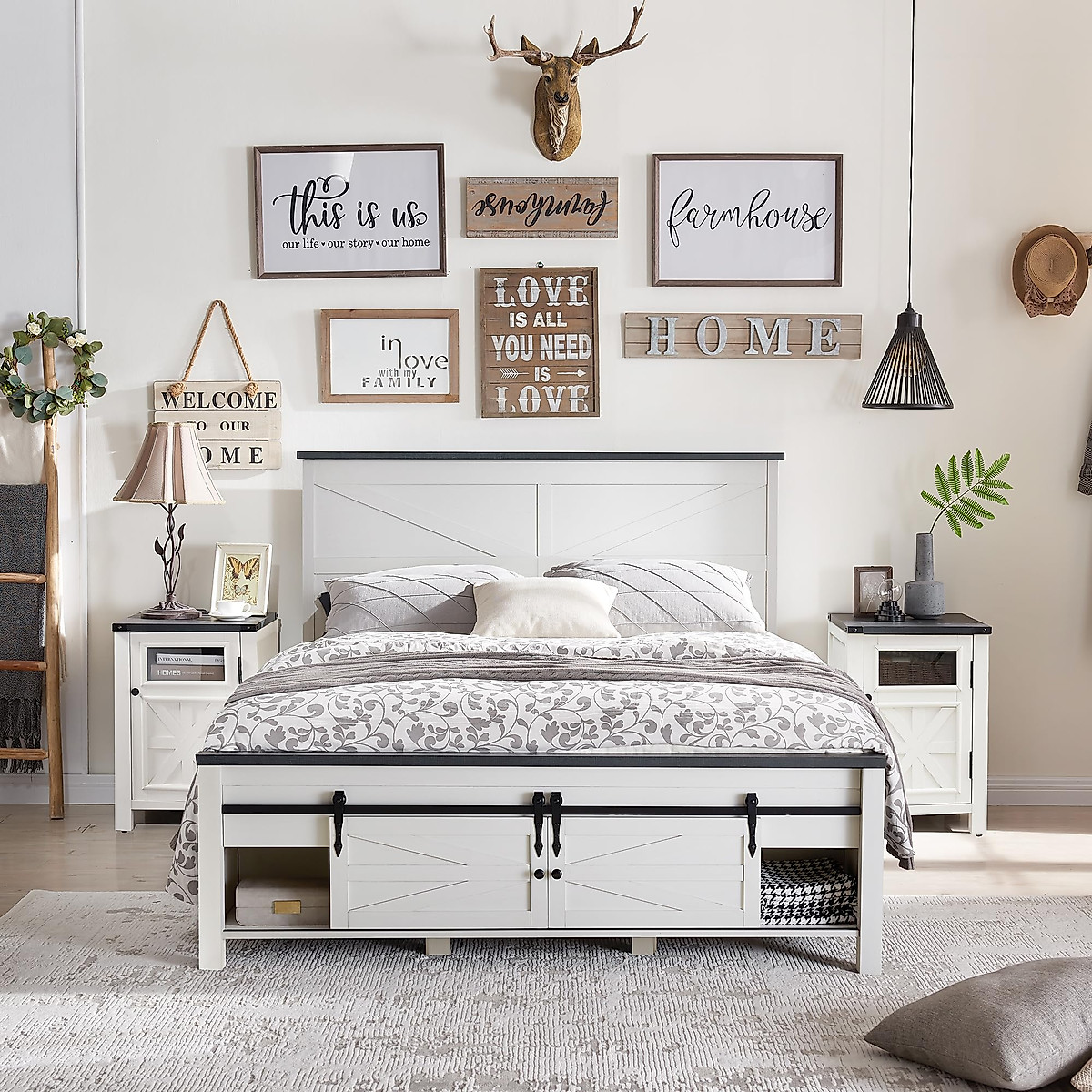 JXQTLINGMU Farmhouse Wood Bed Frame Queen Size with Sliding Barn Door Storage Cabinets and Headboard, Solid Wood Slats Support, Noiseless, No Box Spring Needed, Antique White