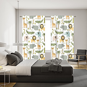 MESHELLY Kids Safari Curtains 42W X 63H Inch Rod Pocket Cute Cartoon Animals Baby Boy Nursery Bedroom Decor Woodland Jungle Lion Elephant Curtains for Children Living Room Window Drapes Fabric
