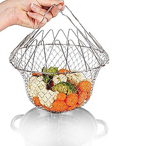 304 Stainless Steel Foldable Steam Rinse Strain Fry Basket Strainer Net Kitchen Cooking Tool for Fried Food or Fruits