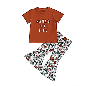 Nie Cuimeiwan Toddler Baby Girl Bell Bottoms Outfit Letter Print T-shirt Floral Flare Pants Set Summer Clothes 2Pcs