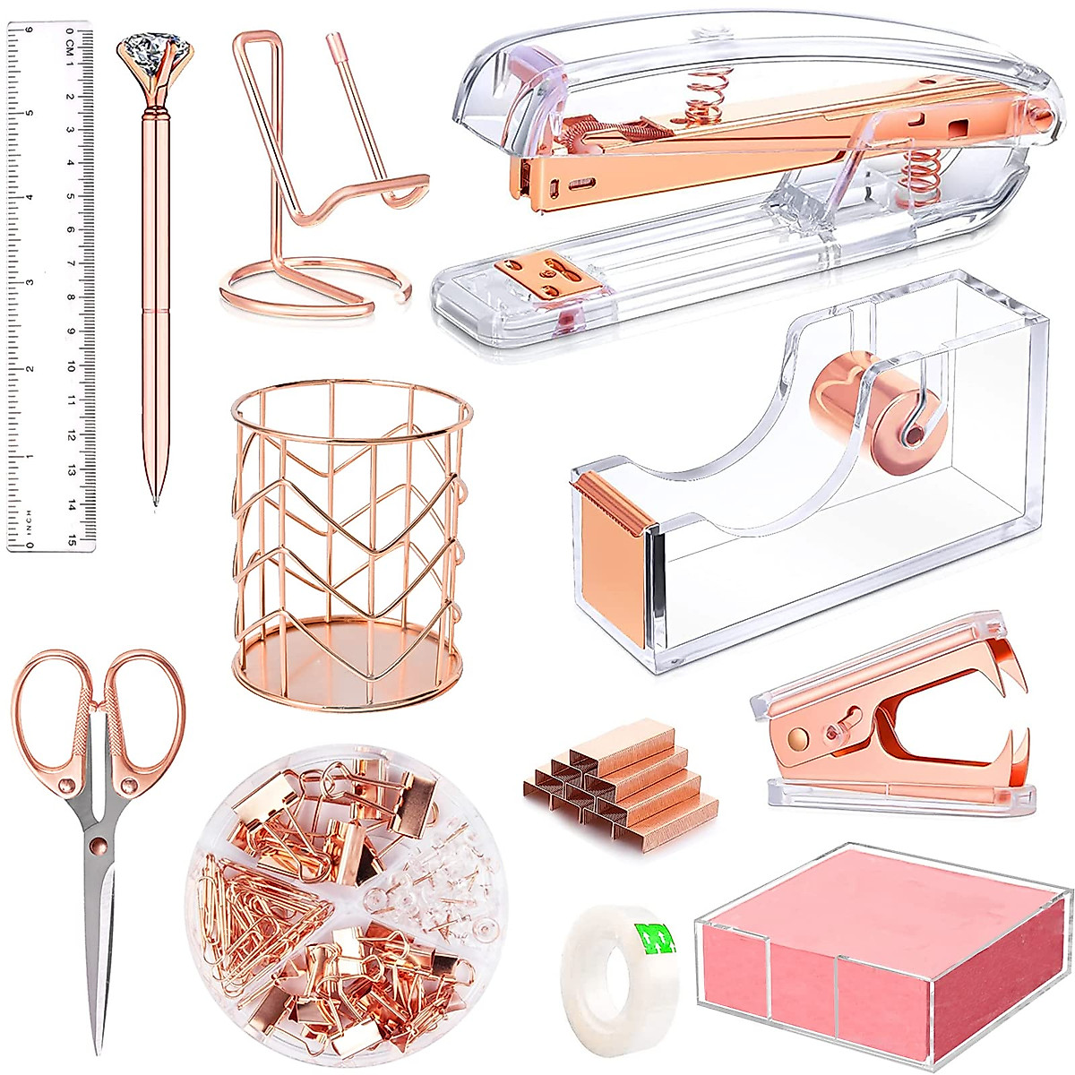 Rose Gold Office Supplies and Accessories, Acrylic Stapler, Staple Remover, Tape Holder, Pen Holder, Ballpoint Pen, Scissor, Binder Clips, Staples, Phone Holder, Ruler, Transparent Glue and 300 Notes