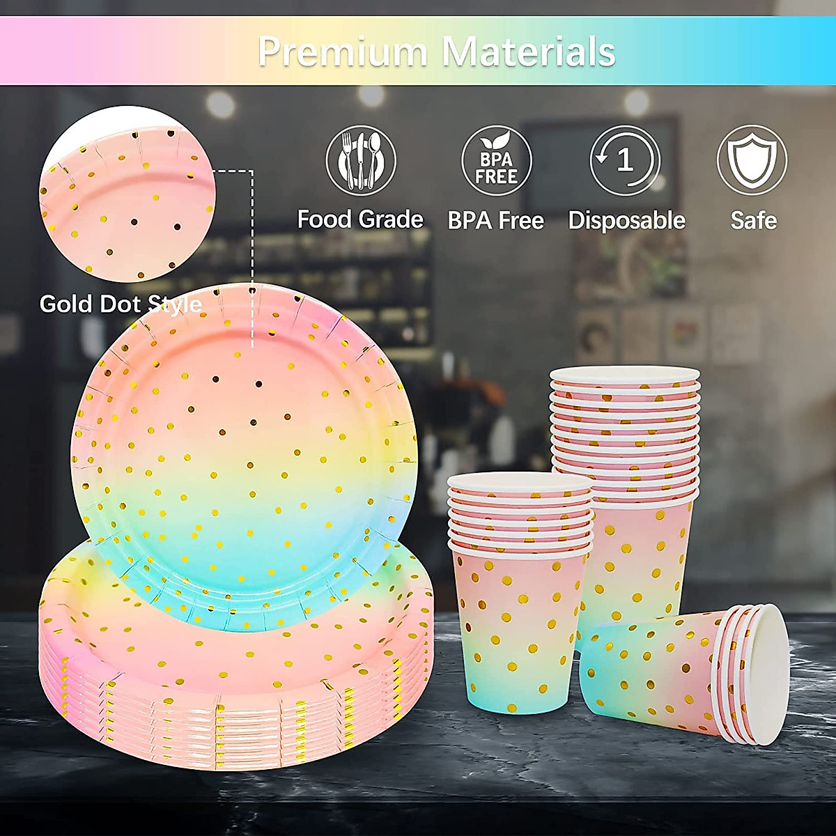 Hovico 120 Pieces Gold Polka Dot Party Plates with Paper Plates, Napkins, 9 Ounce Cups, Birthday, Graduation, Cocktail Party(Blue&Pink&Gold)