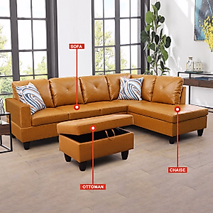 Dyncan 3-Piece L-Shaped Sectional Couches with 66.5'' Chaise Lounge & Storage Ottoman, 97'' Faux Leather Modular Living Room Sofas for Home Office Apartment, Large Living Furniture Right (Ginger)