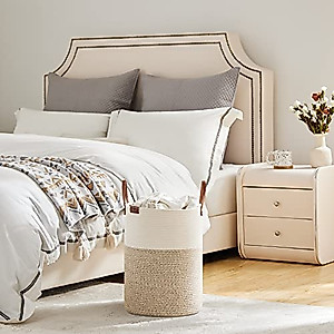 VIPOSCO Small Laundry Basket, Slim Baby Hamper with Leather Handle, Cute Woven Rope Storage Basket for Blanket, Kids Toy, Clothes In Living Room, Bathroom, Bedroom, Nursery Room - 30L White & Brown