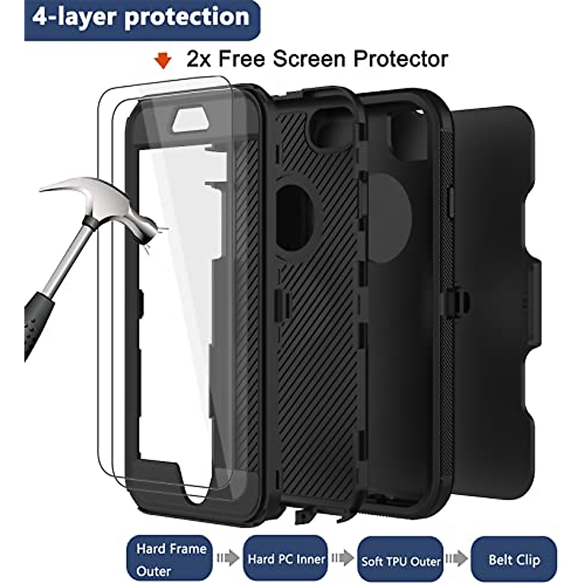 for iPhone 8 Plus Case, iPhone 7 Plus Case with Belt Clip Holster, 2 x Screen Protector, Heavy Duty Military Grade Shockproof Rugged Protective Cover for iPhone 8 Plus/7 Plus (Black)