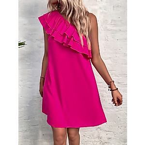Floerns Women's One Shoulder Tiered Layered Sleeveless Ruffle Trim Tunic Dress A Hot Pink XL