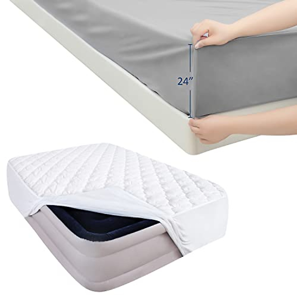 Deep Pocket Queen Mattress Pad and 3pcs Queen Sheet Set, Extra Thick Quilted Mattress Topper Air Mattress Cover, Sheets with Pockets on Side, Fits 16 to 24 Inch Pillow Top Mattress