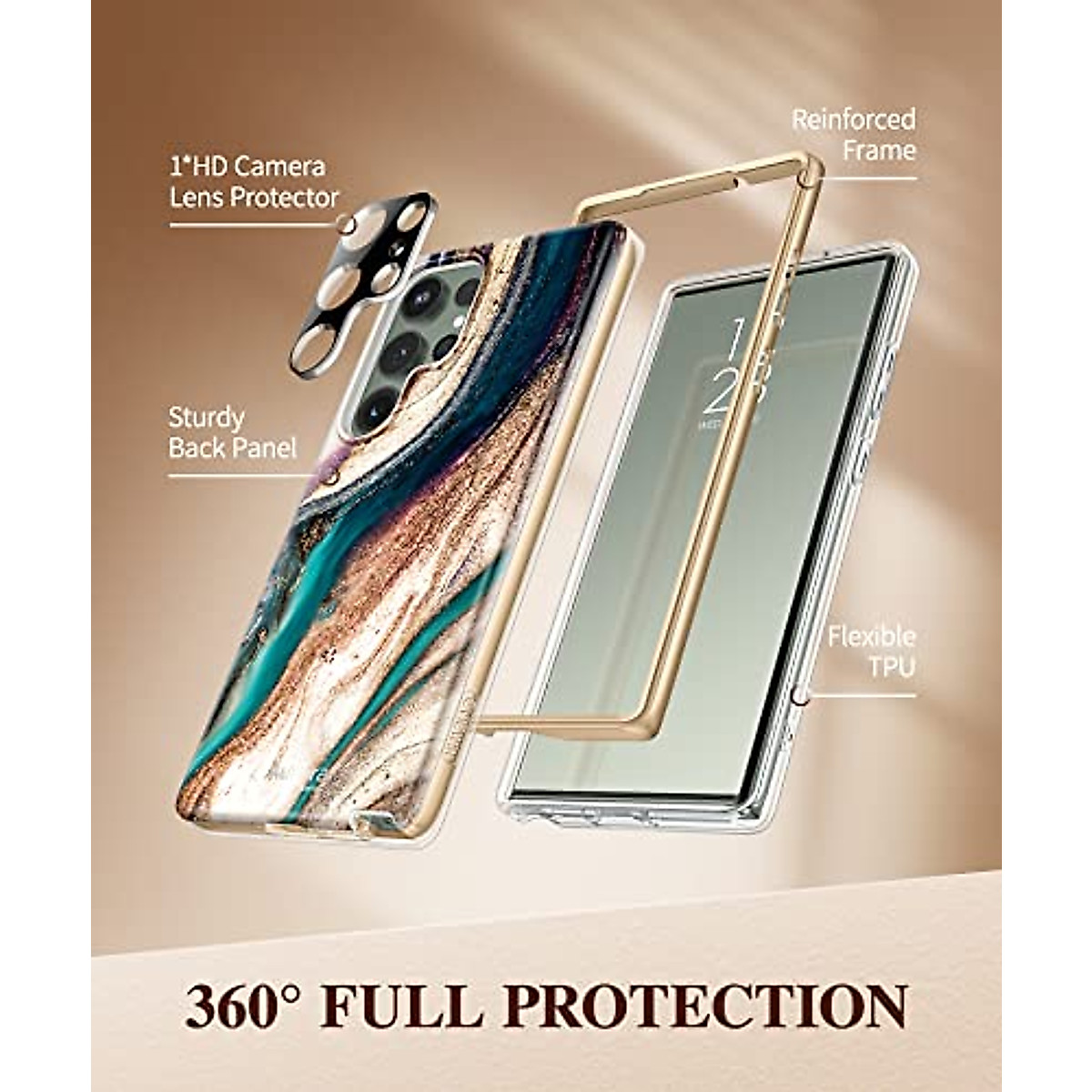 GVIEWIN Marble Bundle - Compatible with Samsung Galaxy S23 Ultra 6.8 Inch [No Built-in Screen Protector] + Phone Ring Holder (Dreamland River/Purple) (2 Items Bundle)