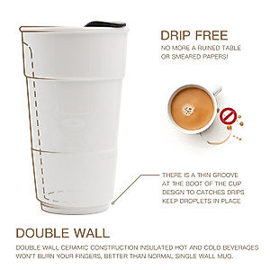 UDMG Ceramic Double Wall Insulated Travel Coffee Cup with Slider Lid, Silicone Sleeve & Built-in Coaster, 10 fl.oz (Coffee)
