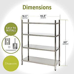 Pearington 4-Tier Commercial Grade Stainless Steel Storage Shelf for Kitchens, Stainless Steel Shelving Unit with 4 Height-Adjustable Shelves, 47" x 18.5" x 60", Silver
