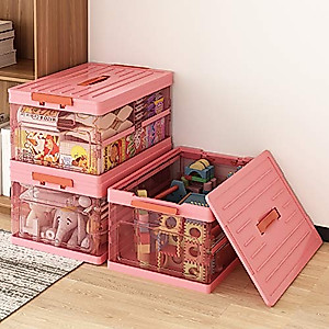 Apsan Collapsible Storage Bins with Lids for organizing, Stackable Clear Latch Storage Box with Handle, Folding Plastic Containers, Pink