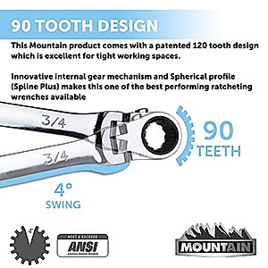 Mountain RF7 SAE Reversible Double Raised Box Ratcheting Wrench Set, Universal Spline, 90 Tooth Design, 180 Degree Rotating Head, Sizes 5/16", 3/8", 7/16", 1/2", 9/16" 5/8", 11/16", 3/4", 4-Piece