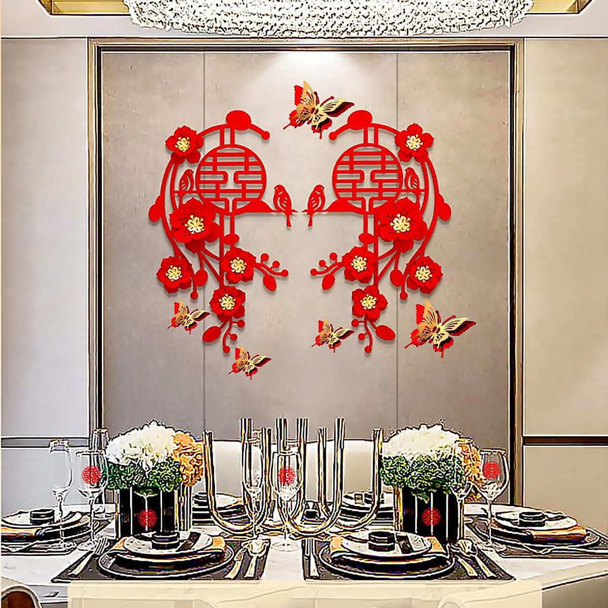 Chinese Traditional Wedding Decorations,Double Happiness,Flannel Paper-Cut 3D Three-Dimensional Bridal Room Decorations, Free About 100Double Happiness Stickers(Magpie)
