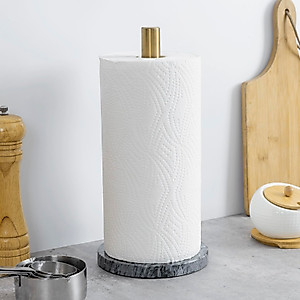 MyGift Modern Brass Paper Towel Holder for Counter with Black Marble Base, Kitchen Paper Towel Stand Holder for Standard and Large Size Rolls