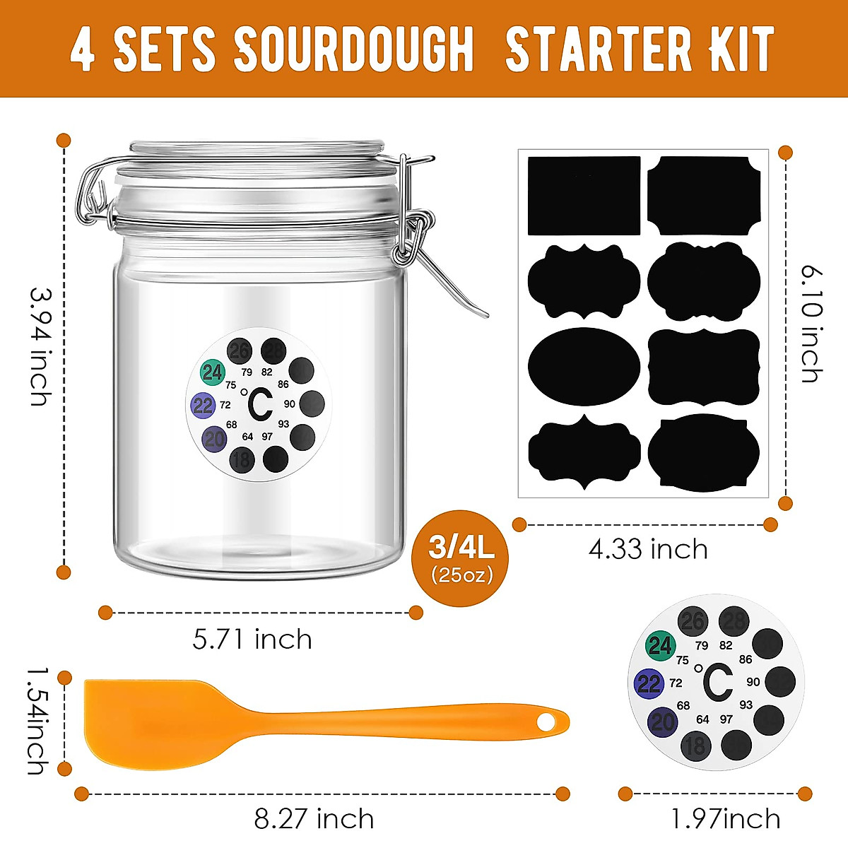 Rtteri 4 Pack 25 oz Glass Sourdough Starter Kit with Thermometer Sticker, Silicone Jar Spatula, Chalkboard Labels and Marker, Wide Mouth Airtight Sourdough Starter Container
