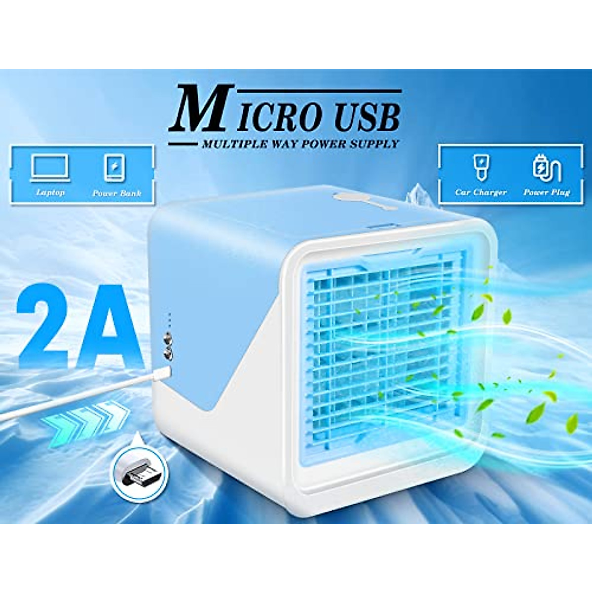 Portable Air Conditioner, 3-IN-Evaporative Air Conditioner in 3 Speed, USB Personal Mini Air Cooler with LED Light for Bedroom, Office, Living Room & More