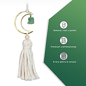 BOHO GARDEN Crystal Hanging Car Charm - Raw Amazonite - Brass Moon, Healing Crystal Accessories, Rearview Mirror Decorations - Self-Love, Honesty, Clarity, Energy