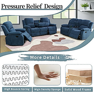 Dekmxas 3 Seater Recliner Sofa Couch Modern Manual Reclining Sofa Fabric Reclining Sofa Living Room Couch with Dual Cup Holders and Drop Down Table for Living Room/Office/Rv Car (Blue, 3 Seater Sofa)