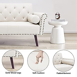 SUN & SUMMER Futon Sofa Bed for Living Room Loveseat Sectional Sofa Convertible Sleeper PU Leather Tufted Couch with 2 Bolster Pillows Beige