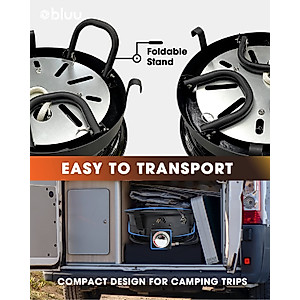 BLUU Deluxe Portable Propane Gas Fire Pit with Auto Ignition for Outdoor Camping- with Grill, Foldable Stand, Trachea Hook, Propane Tank Holder and Cover, 17-Inch Diameter 58,000 BTU, Matte Black