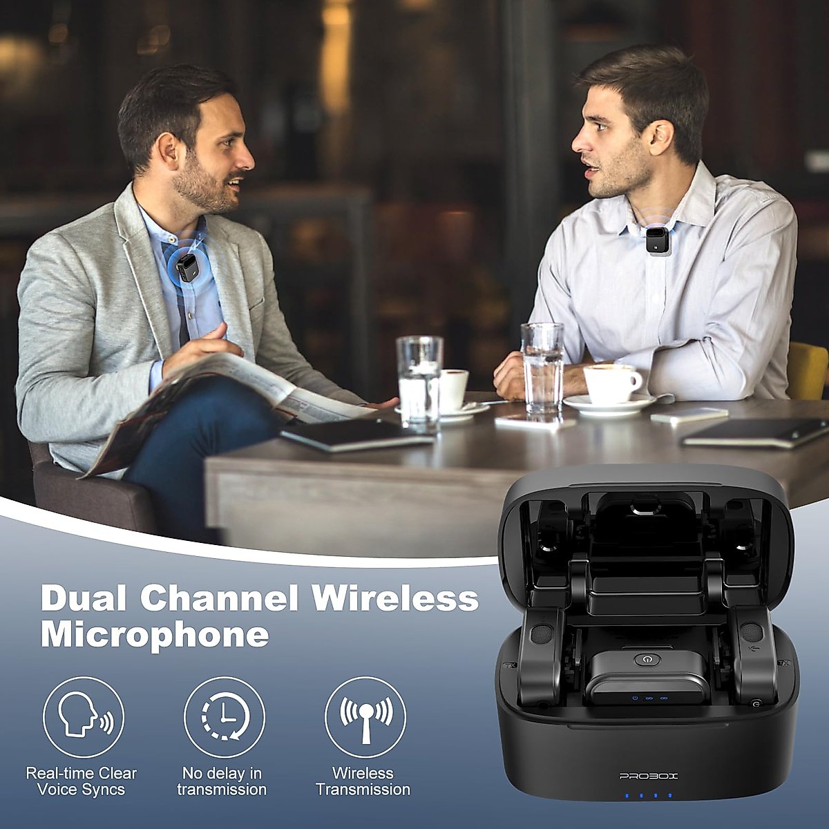 Probox BT08 Wireless Lavalier Microphone with Noise Cancellation, 650ft Transmission Range, 20H Battery Life, Compact All-in-One Lapel Microphone System for DSLR Camera/iPhone/Android/PC/Streaming