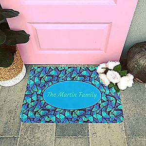 CUXWEOT Tropical Blue Butterflies Pattern Personalized Doormat Text Name Custom Indoor Outdoor Pet Mat Entrance Rugs Home Decor Welcome Door Mats 23.6 x 15.7 Inch