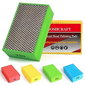BOSHCRAFT Diamond Hand Polishing Pads, Sanding Block Foam Backing for Tile Marble Glass Stone Granite Ceramics Polishing 50/100/200/400 Grit Wet or Dry Diamond Sanding Pads 4Pack