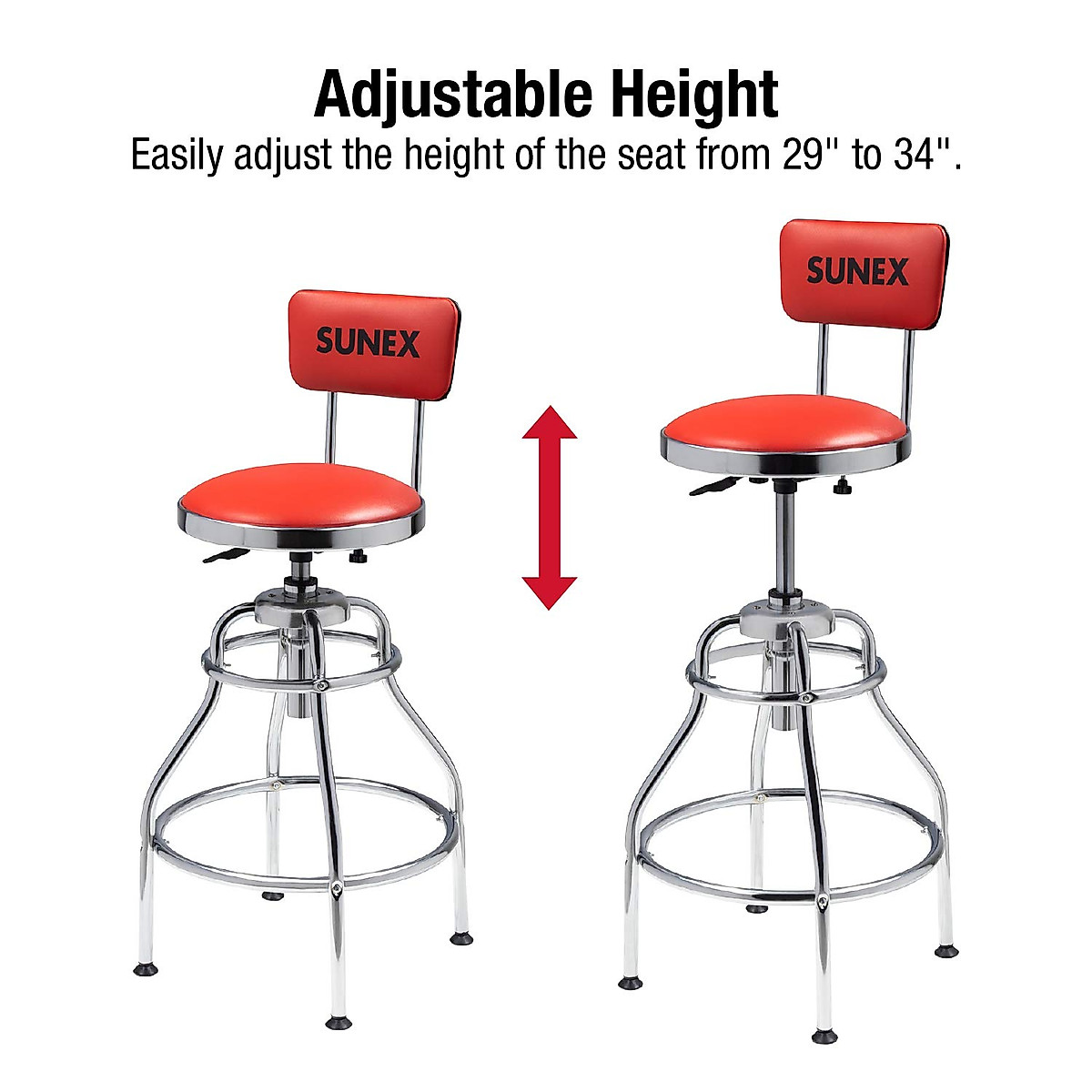 SUNEX TOOLS 8516 Hydraulic Shop Stool, High-Polished Chrome Finish, Hydraulic Seat Adjustment, Vinyl Padded Adjustable Seat and Backrest, Slip Resistant Feet, 250-Pound Capacity, Silver