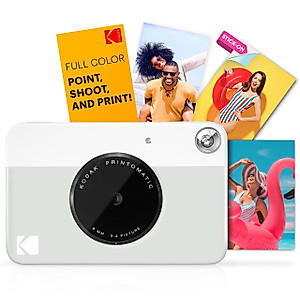 KODAK Printomatic Full-Color Instant Print Camera Starter Bundle + Carrying Case + Zink 20pk Photo Paper - Colorful Photos On 2x3 Sticky-Back Paper - Fun Gift for Birthday Christmas Holiday - Grey