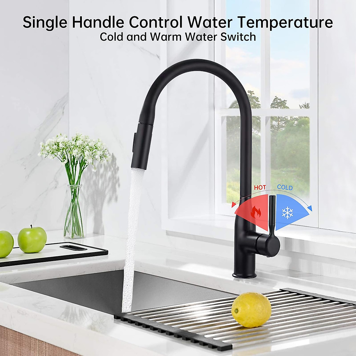KUKKUME Kitchen Faucets with Pull Down Sprayer, Single Handle Kitchen Sink Faucet Modern Staninless Steel Kitchen Faucet Matte Black