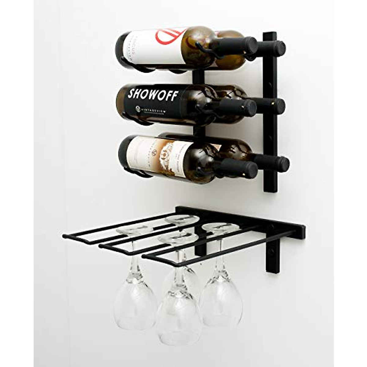 VintageView Wall Series-Stemware Wall Mounted Wine Glass Rack (Satin Black) Stylish Modern Wine Storage with Label Forward Design