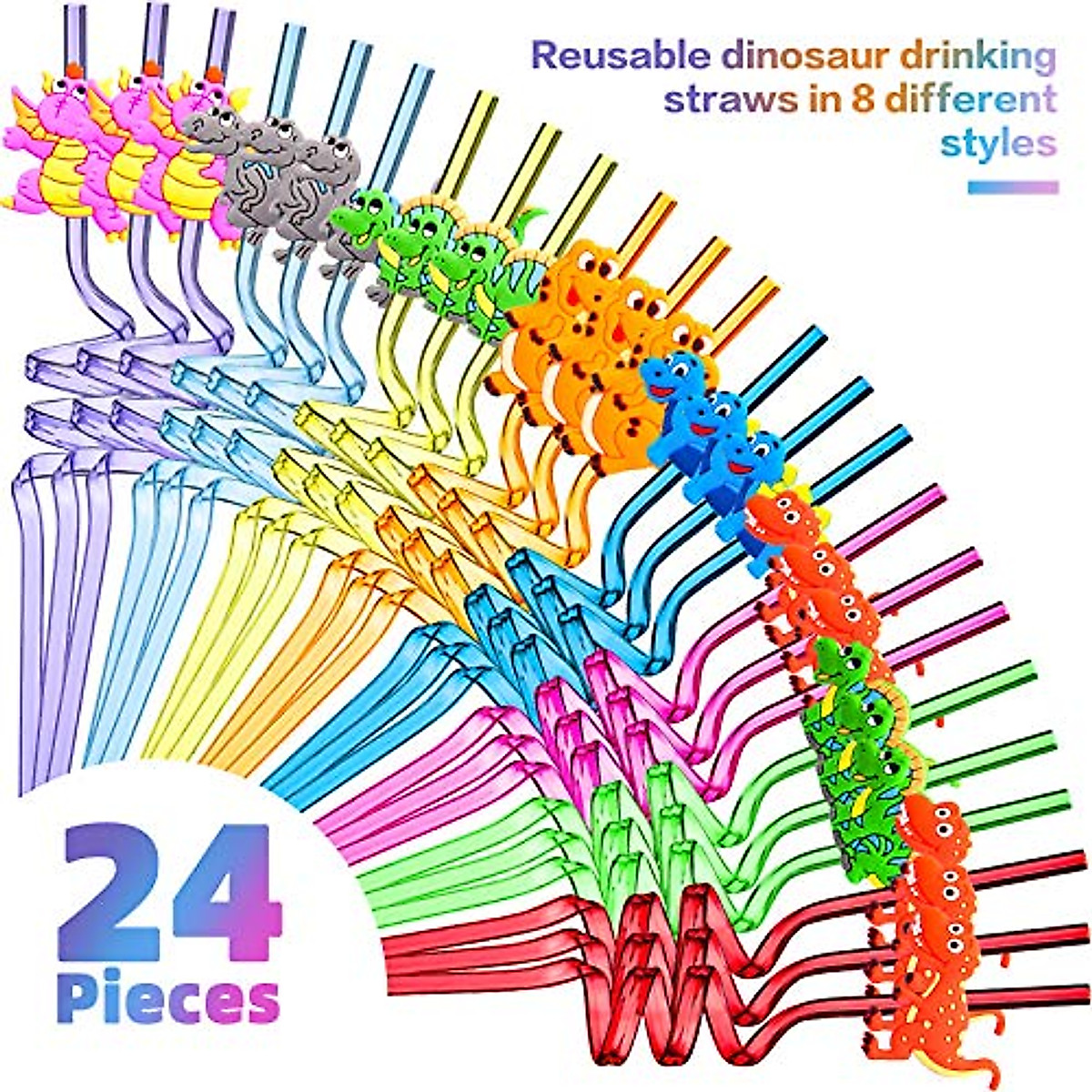 24 Pieces Reusable Dinosaur Straws Plastic Dinosaur Straws for Kids Safari Jungle Dinosaur Theme Straws for Dinosaur Party Decoration Supplies Birthday Party Favors, 8 Styles