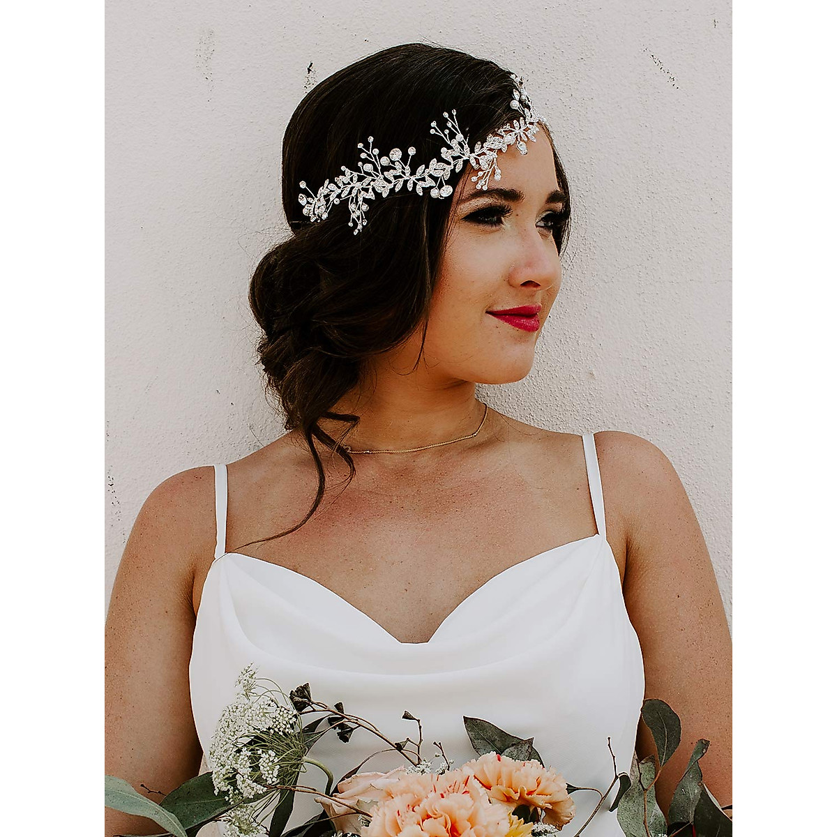 SWEETV Crystal Bridal Headpieces for Brides Silver Wedding Hair Accessories Bride Headband Pearl Hair Vine Rhinestone Hair Pieces for Women