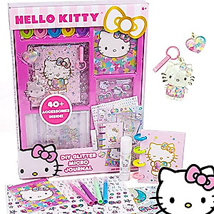 Hello Kitty DIY Glitter Micro Journal by Horizon Group USA, 40+ Stationery Accessories Including Hello Kitty Stickers, Surprise Keychain, Interchangeable Binder Discs, Squishy Glitter Cover & More